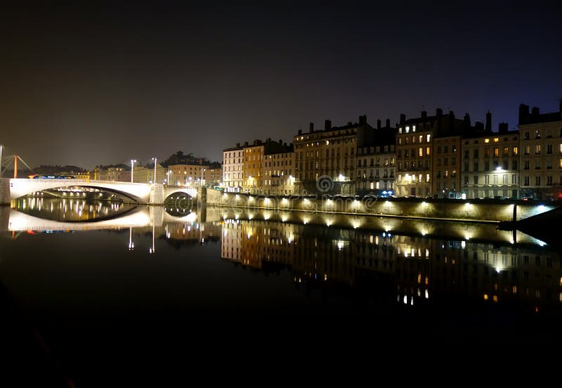 Lyon Mirrored in the Water during the Night Stock Image - Image of ...