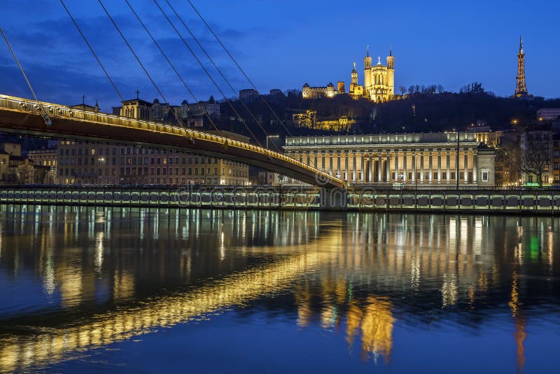 Lyon by night stock image. Image of suspension, reflection - 38613455