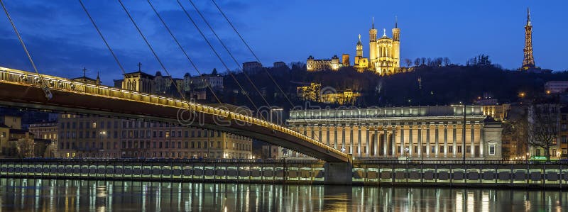 Lyon by night stock photo. Image of church, lyon, bridge - 92746688