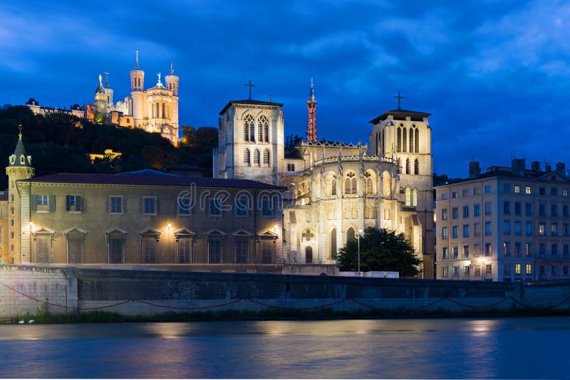Lyon at night stock image. Image of city, church, cityscape - 32824799