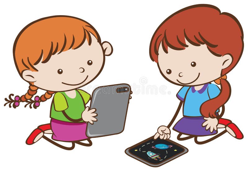 Kind, Das Tablet-Telefon Spielt Vektor Abbildung - Illustration von ...