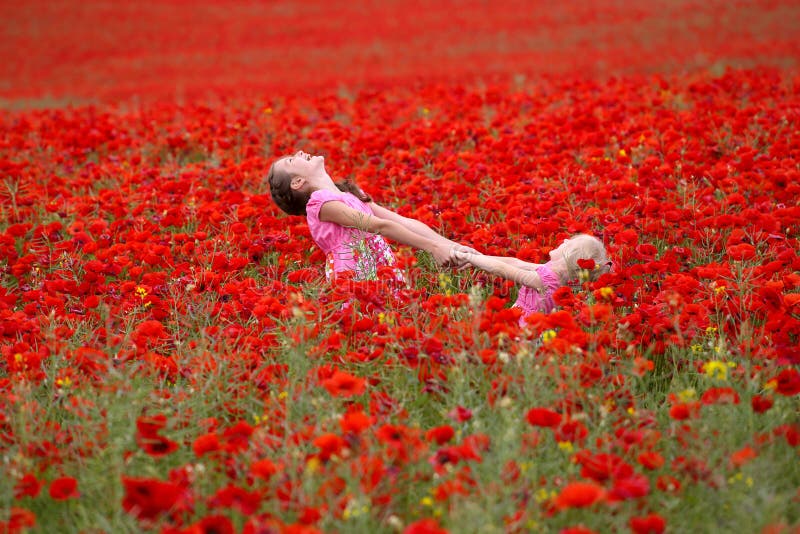 Mädchen mit Mohnblumen stockbild. Bild von draussen, familie - 32369243