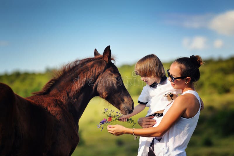 Enfant Et Grand Cheval Dans Le Domaine Photo stock - Image du outside ...