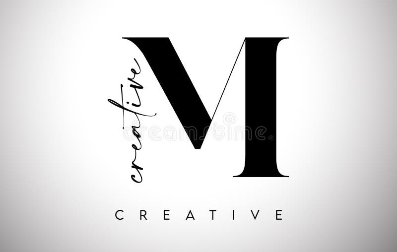 M Letter Design with Creative Cut and Serif Font in Black and White ...