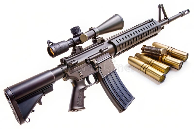 "Assault Rifle with Scope & Bullets on White Stock Illustration ...