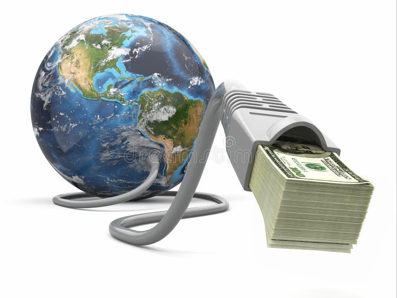 Maak Geld Online. Concept. Aarde En Internet Kabel Met Geld. Stock ...
