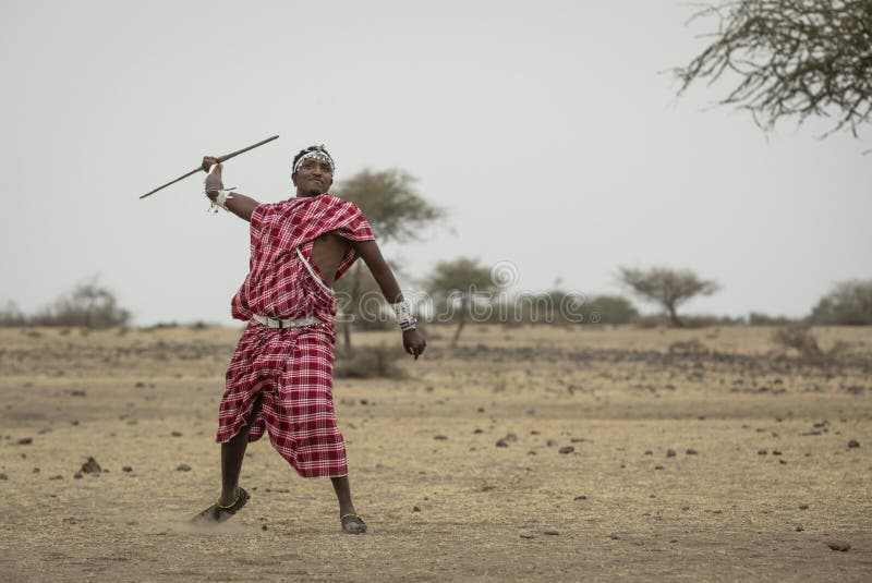 Maasai Men Practicing Throwing a Spear Stock Image - Image of fashion ...