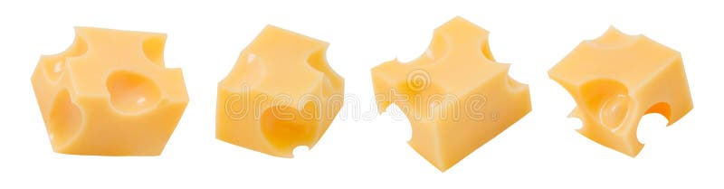 Maasdam Cheese, Diced, Set of Four Pieces, Close-up, Isolated on White ...