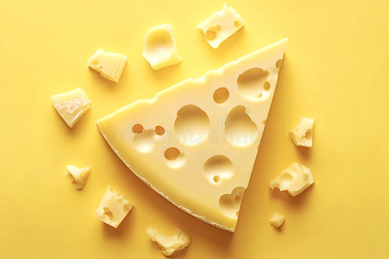 Maasdam Cheese Triangle Surrounded by Cheese Cubes on Yellow Background ...
