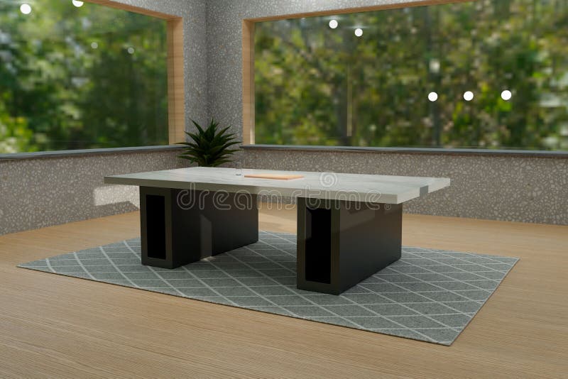 Mable Table on a Mat with an Open Windows and Trees Outside. Stock ...