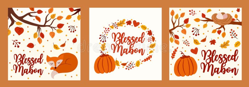 Mabon Autumn Greeting Cards Set. Vector Illustration Stock Vector ...