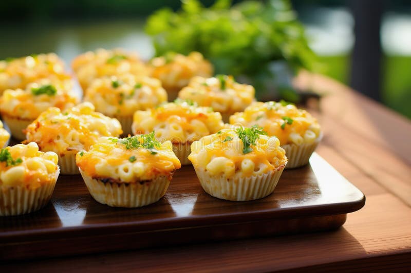 Mac and Cheese Cups on Rustic Table. American Mini Appetizer Stock ...