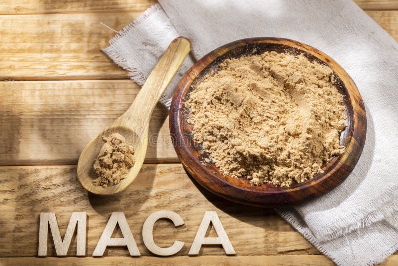 Maca Powder, in Wooden Bowl on the Table, Nutritional Substance from ...
