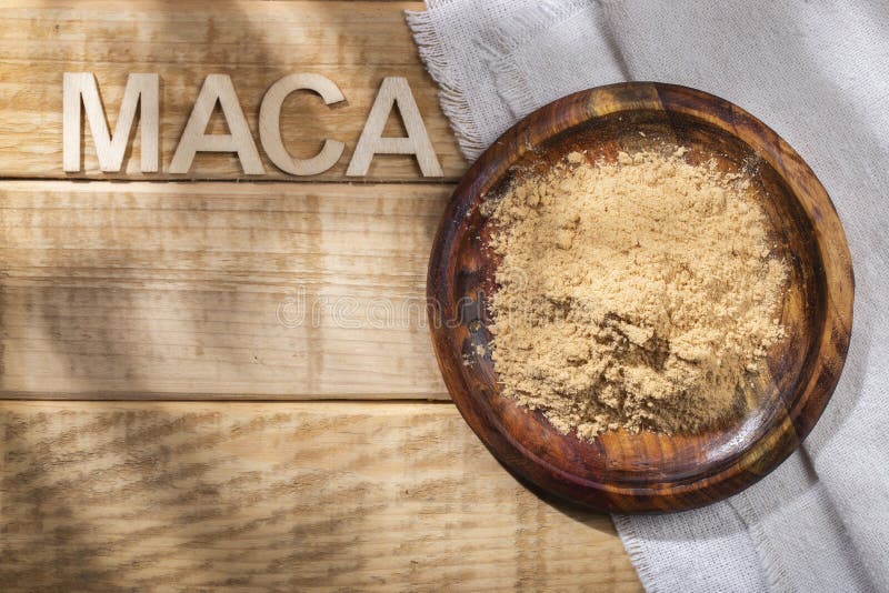 Maca Powder, in Wooden Bowl on the Table, Nutritional Substance from ...
