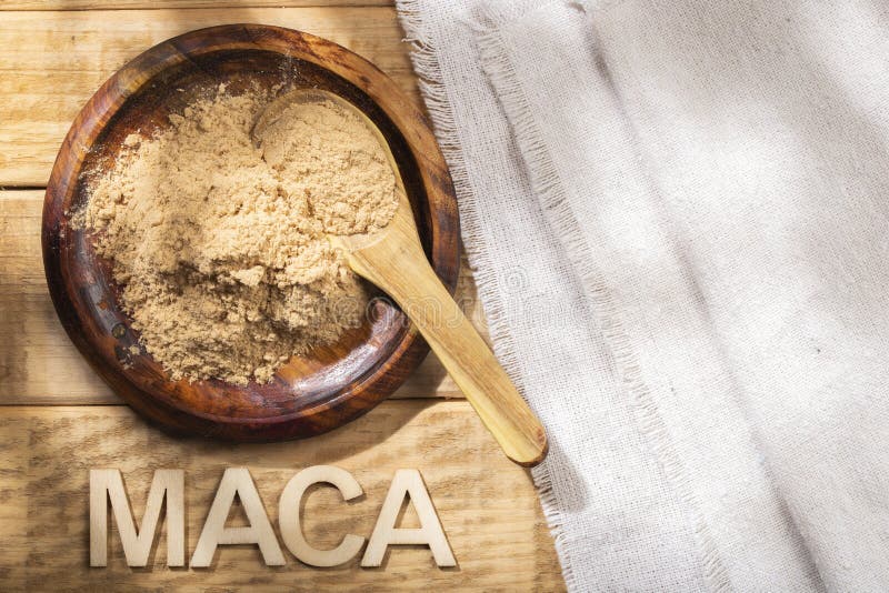 Maca Powder, in Wooden Bowl on the Table, Nutritional Substance from ...