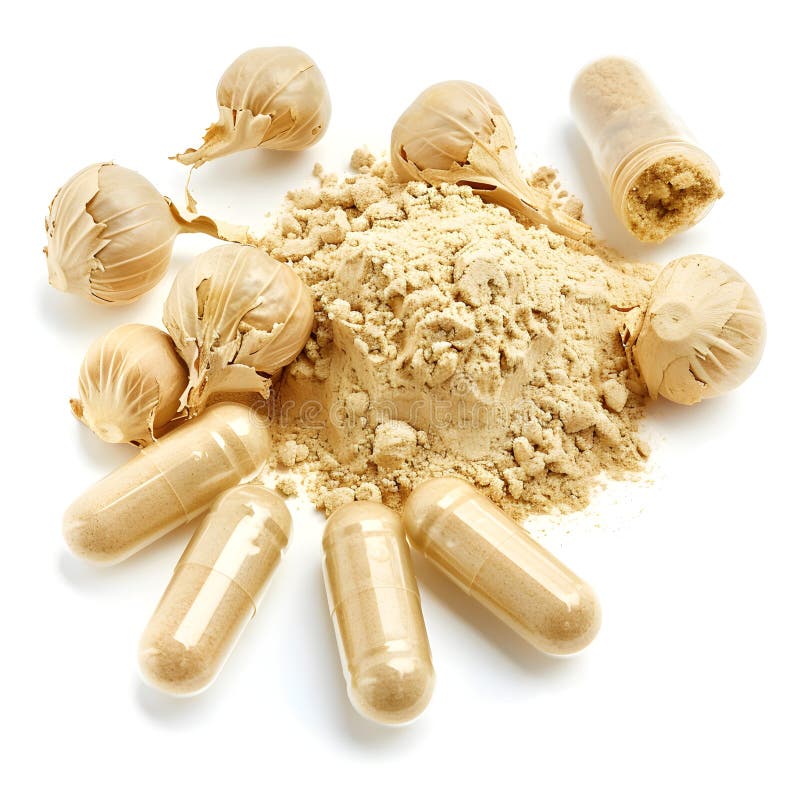 Maca Root Powder and Capsules on White Background Stock Image - Image ...