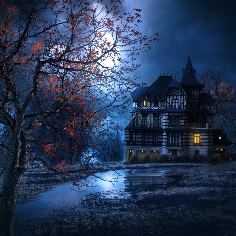 Macabre house in the night stock image. Image of ghost - 48381797