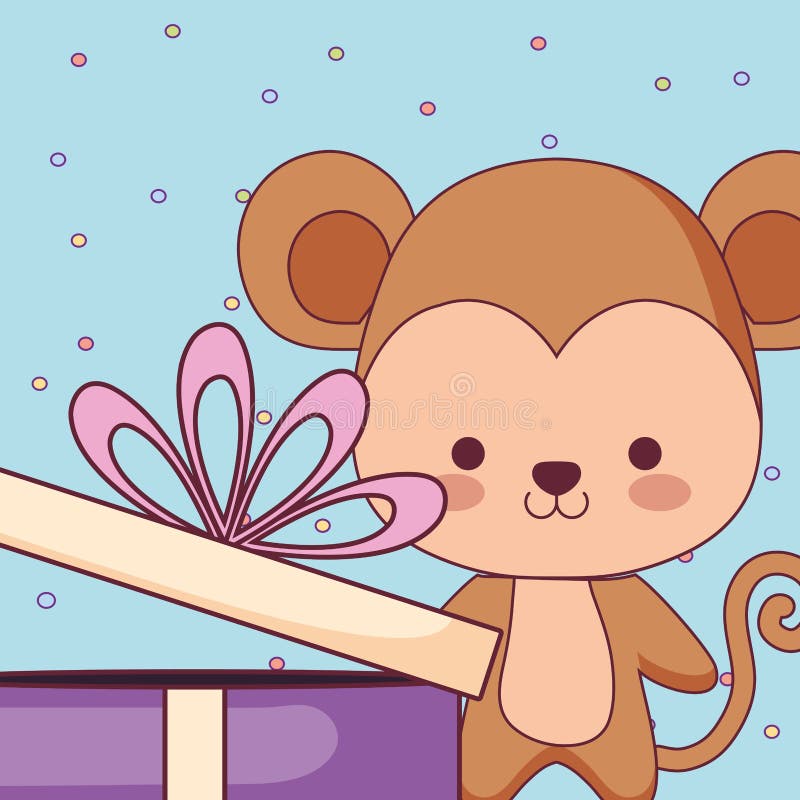 Macaco Bonito E Pequeno Com Presente Ilustração do Vetor - Ilustração ...