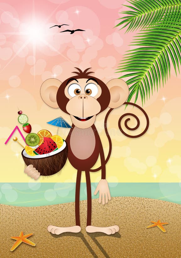 Macaco Com Bebida Do Coco Na Praia Ilustração Stock - Ilustração de ...
