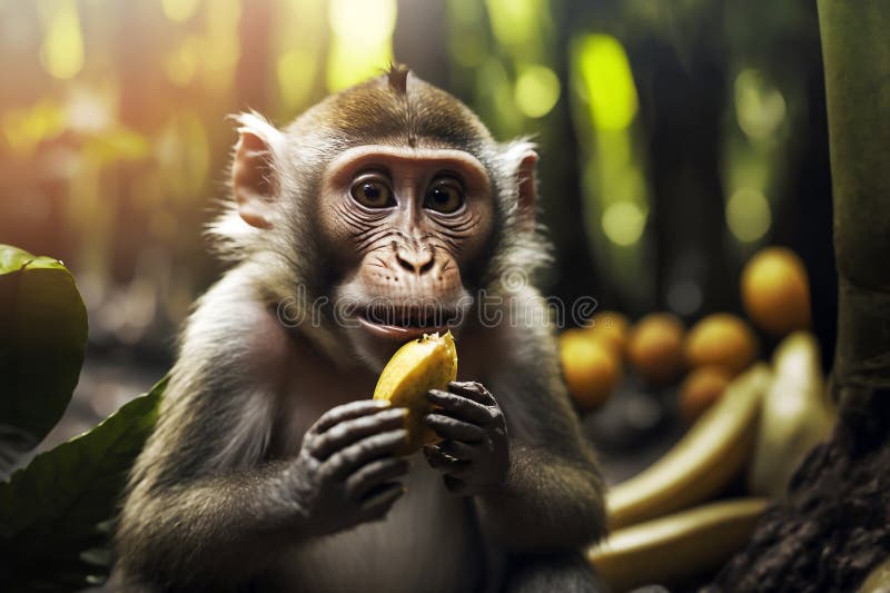 Macaco a Comer Fruta Na Selva Ilustração Stock - Ilustração de wildlife ...