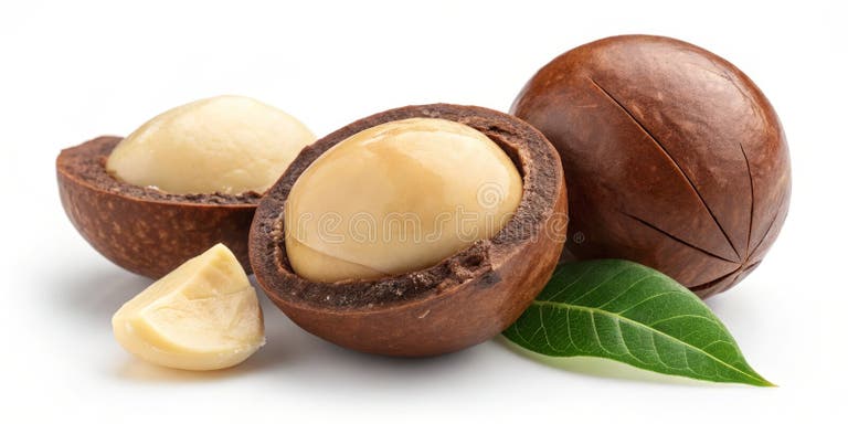 Macadamia Nut Composition Cracked Shell, Kernel, Leaf, White Background ...