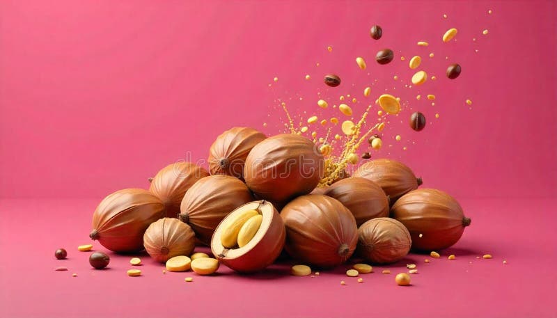 Macadamia Nut Pile with Splash Effect on Pink Backdrop Stock ...