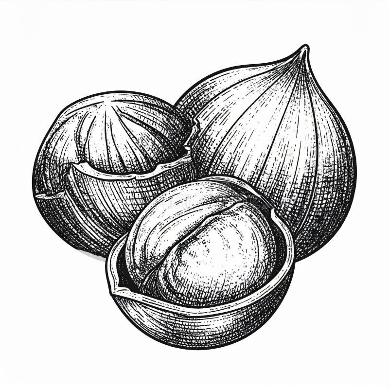 Macadamia Nuts Black and White Illustration Stock Illustration - Illustration of still ...