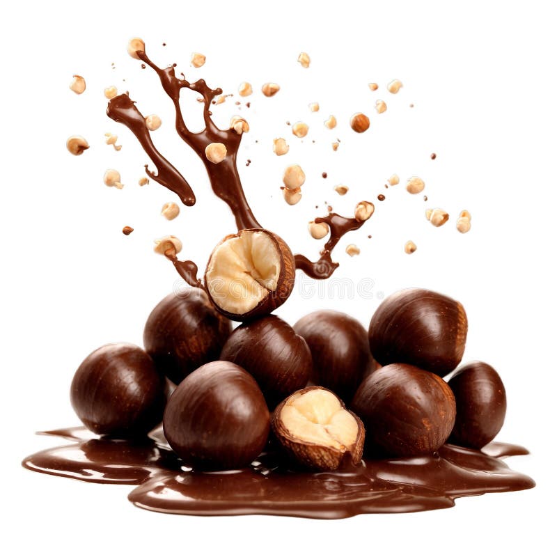 Macadamia Nuts Coated in Chocolate with Chocolate Splash and Pieces ...