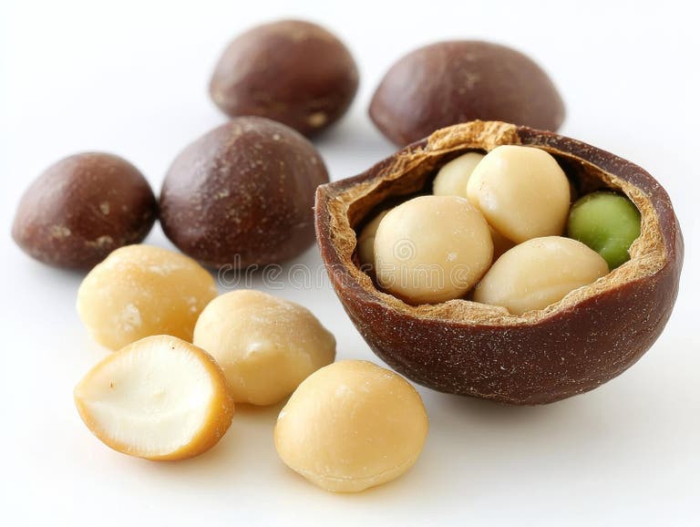 Macadamia Nuts Composition, Shell and Kernels, Isolated on White ...
