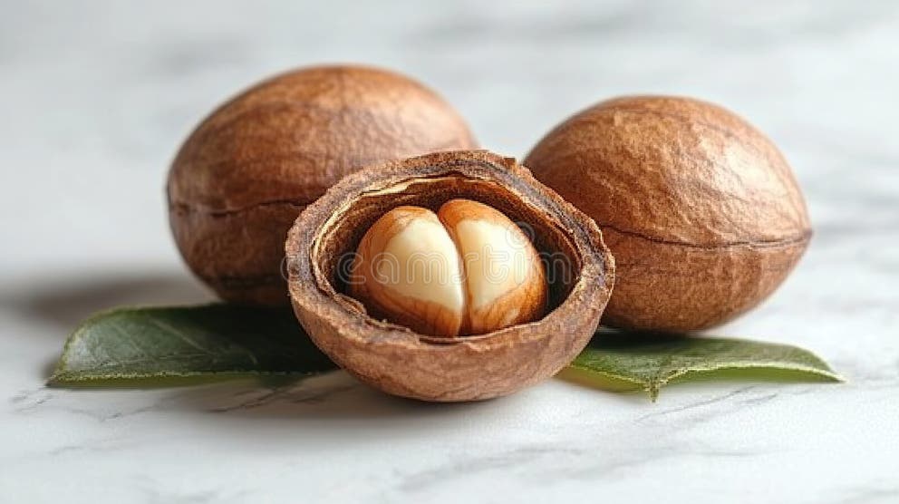 Macadamia Nuts, Cracked Open, on Marble Surface with Leaves, Showing ...