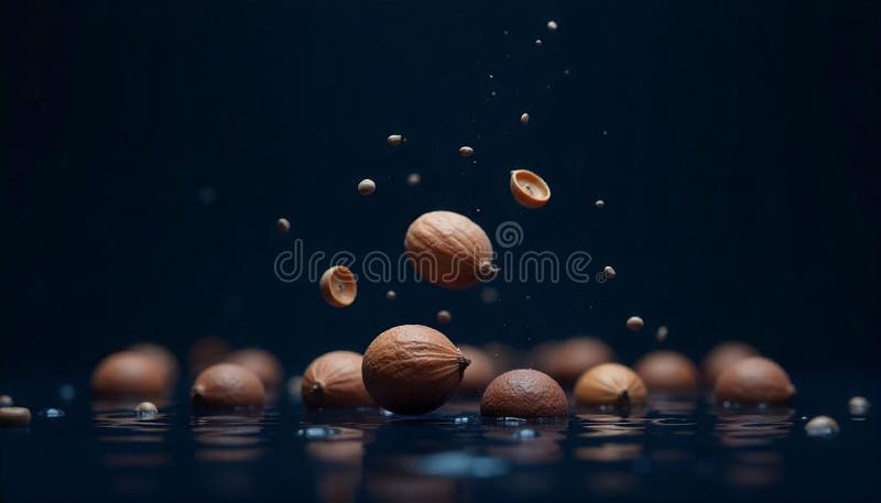 Macadamia Nuts Falling into Water Against a Dark Background Stock ...