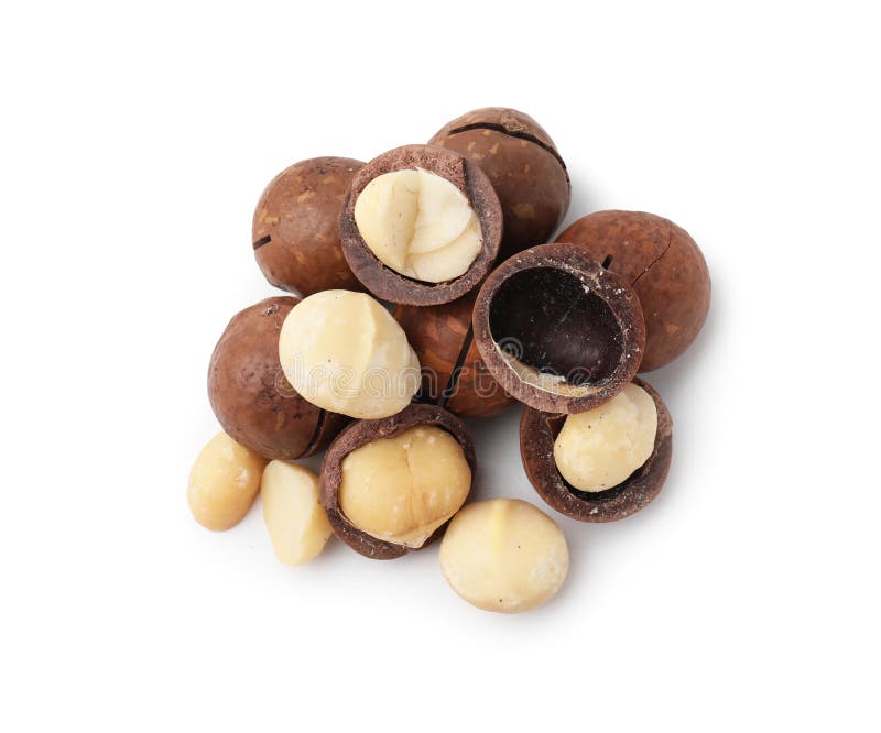 Macadamia Nuts with Shells Isolated on White, Top View Stock Photo ...