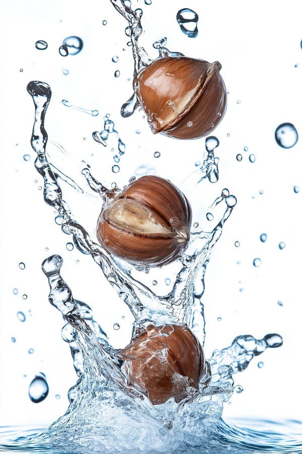 Macadamia Nuts Splashing into Water on White Background Stock ...