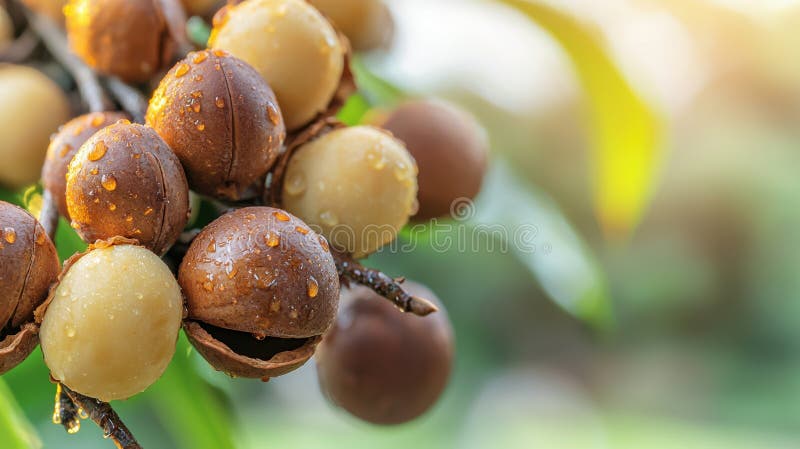Macadamia Nuts on Tree Branch with Water Droplets. Fresh Macadamia Nuts ...