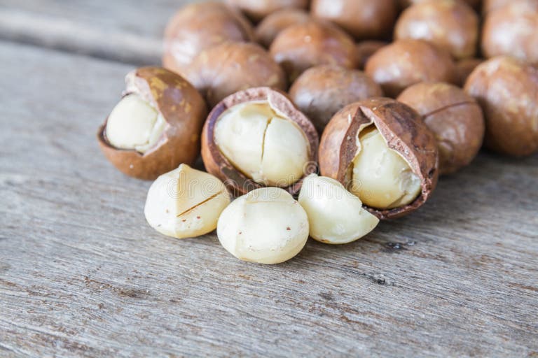 Macadamia on wood table. stock image. Image of natural - 49114687