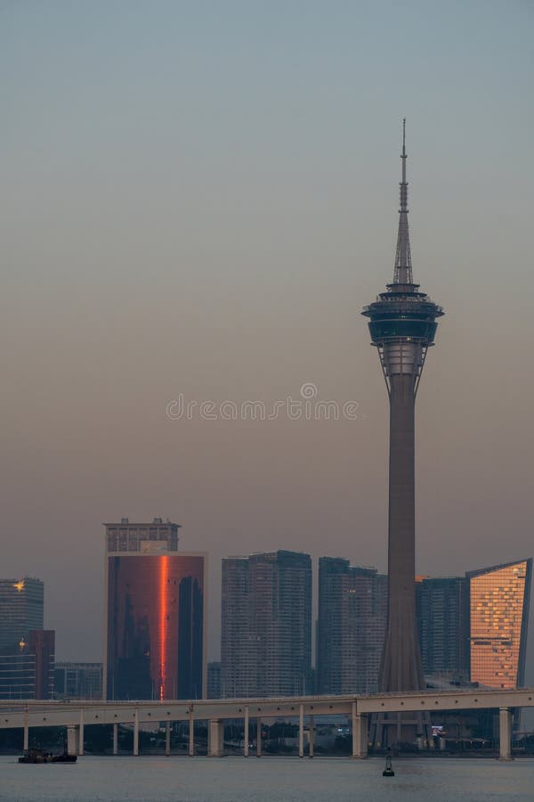 Macao Tower is Under the Sunset. Stock Image - Image of morning, dawn ...