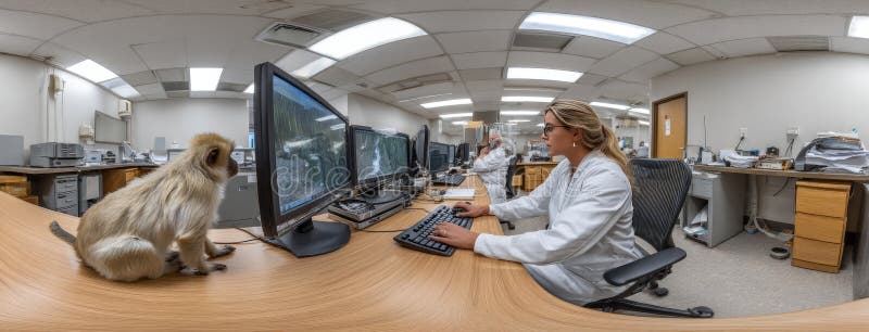 Macaque Monkey Uses a Keyboard while Sitting at a Desk Surrounded by ...