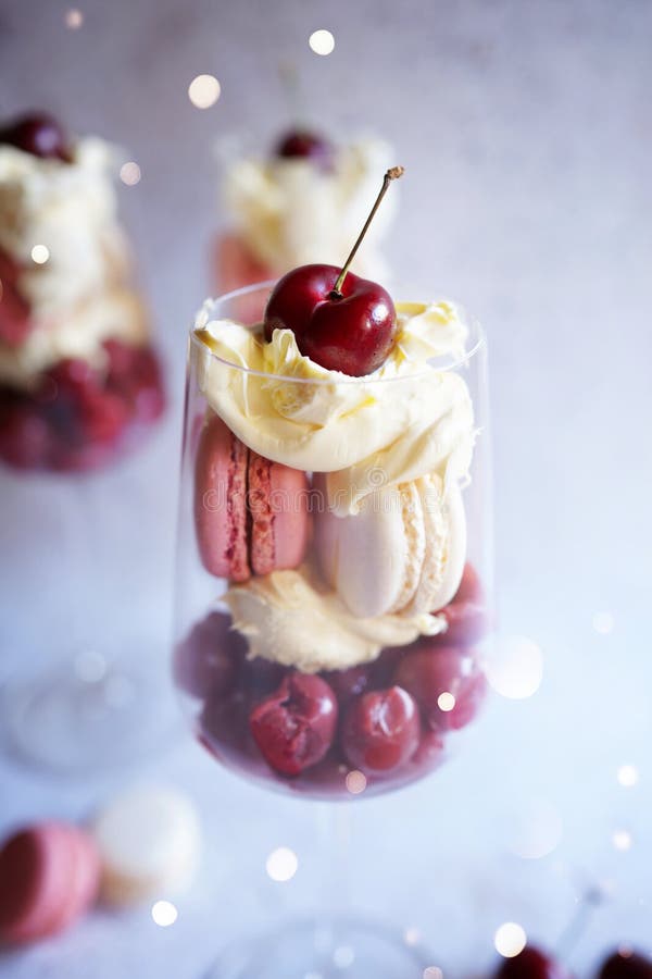 Macaron, Cherry and Mascarpone Individual Trifle Layered Dessert. Stock ...