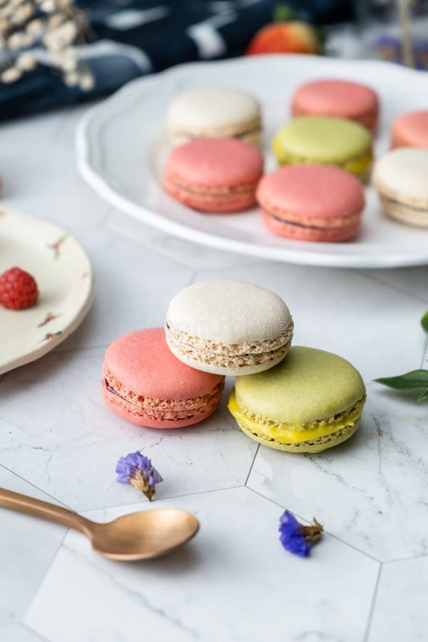 Macaron or French Macaroon Cookies Dessert. Set on Cafe Table Stock ...