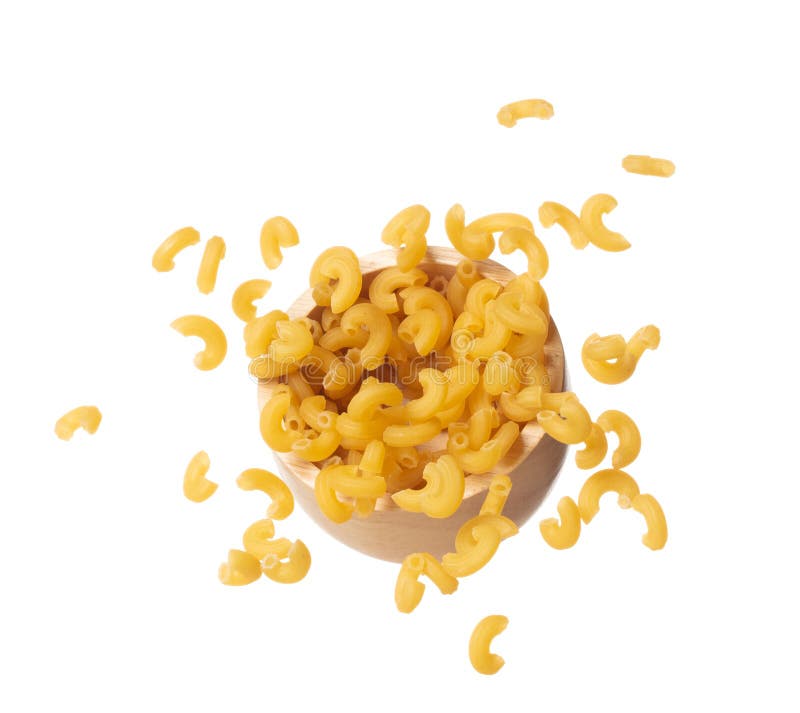 Macaroni Fall on Wooden Bowl, Yellow Macaronis Pasta Float Explode ...