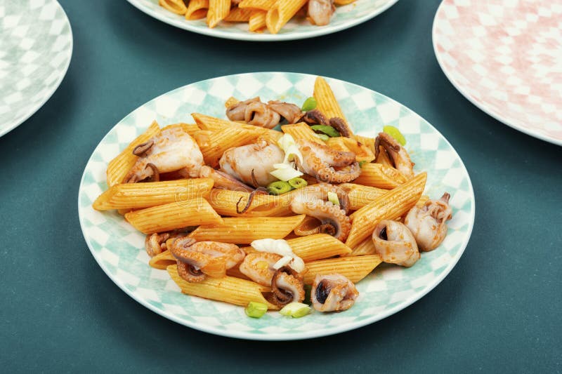 Macaroni with Octopus Pieces Stock Photo - Image of beautiful, mollusk ...