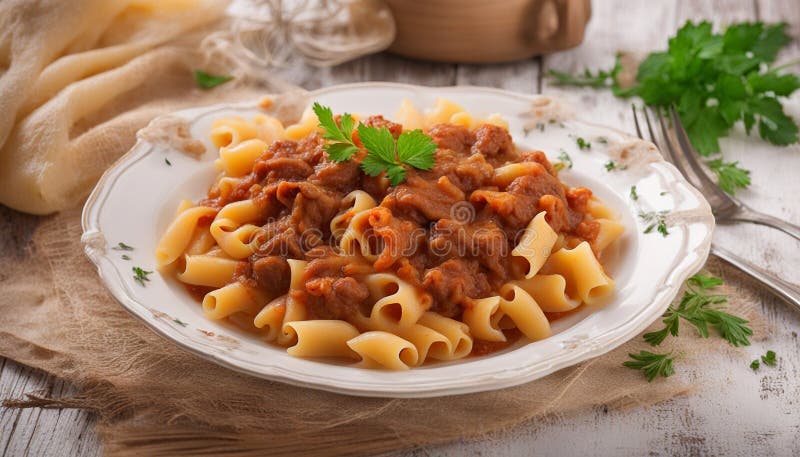 Macaroni (pasta) with Meat Stew,russian Cuisine Stock Illustration ...