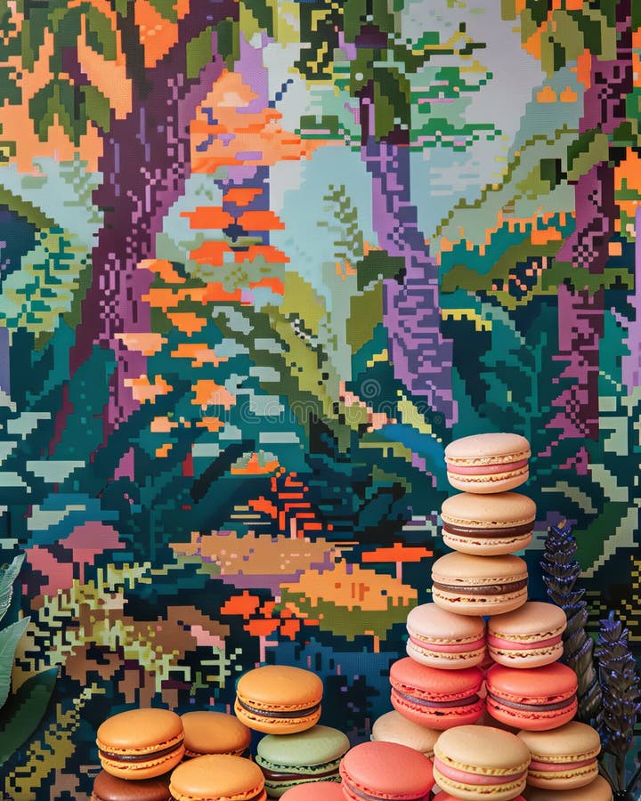 Macarons Arranged Artistically with a Backdrop of Pixel Art Featuring a ...