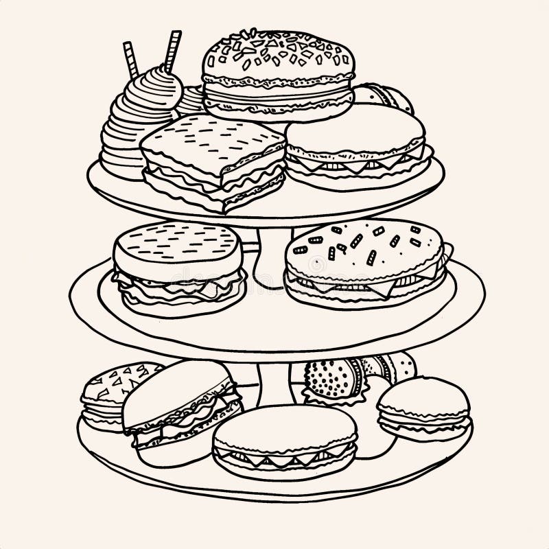 Macarons - a Black and White Drawing of Food on a Three Tiered Tray ...