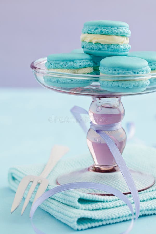 Macarons on cake stand stock photo. Image of fork, macarons - 67700802