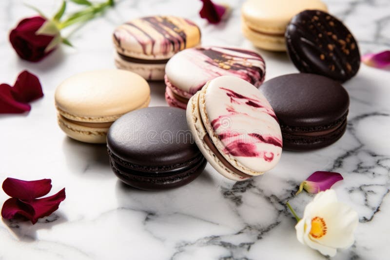 Macarons with Different Fillings Cut in Half, Showcased on a Marble ...