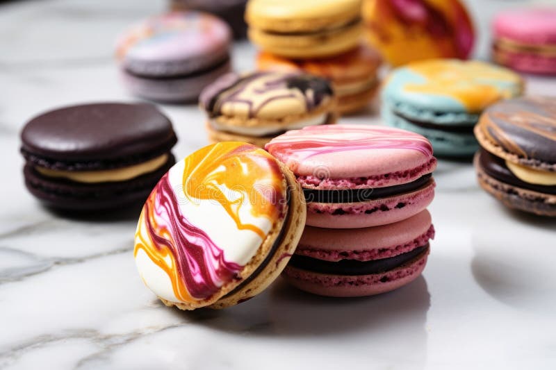 Macarons with Different Fillings Cut in Half, Showcased on a Marble ...