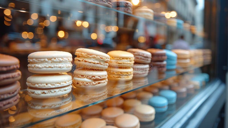 Macarons Displayed in a Bakery Shop Window with Bokeh Lighting ...