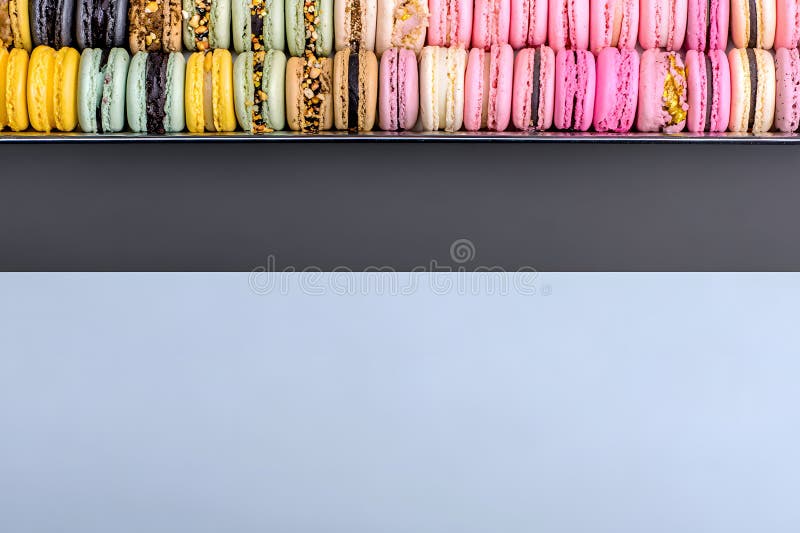 Macarons in Pastel Colors on Tray Minimal Space Left for Sweet Bakery ...