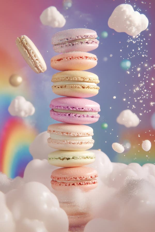 Macarons Stacked in a Dreamy Cotton Candy Cloud Scene with a Rainbow ...